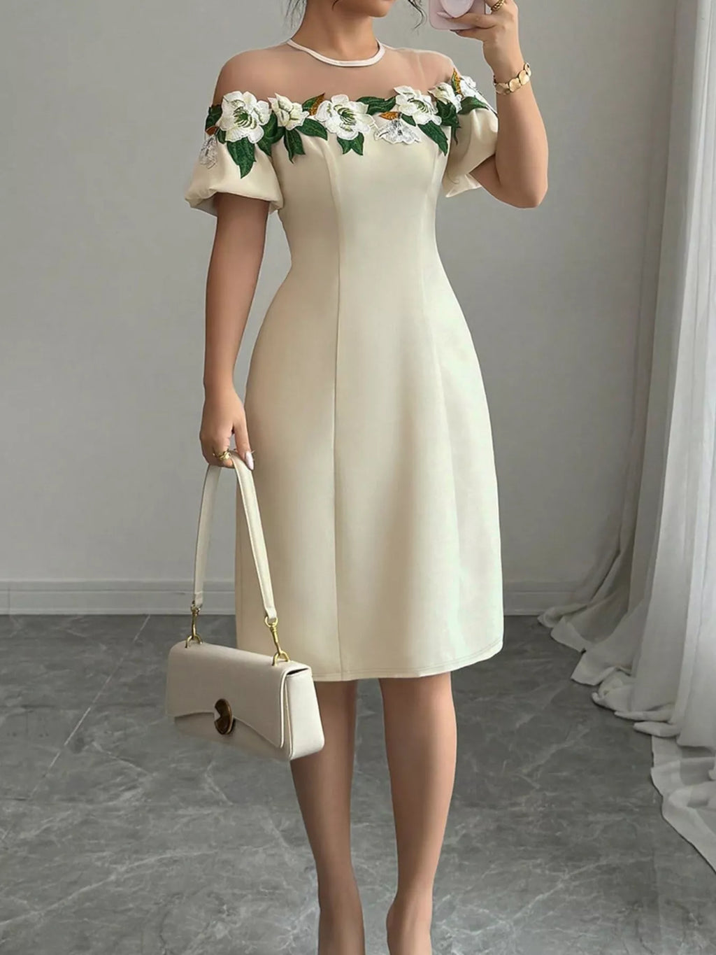 Floral Embroidered Puff Sleeve Dress with Mesh Shoulder – KRIS PHILLIP