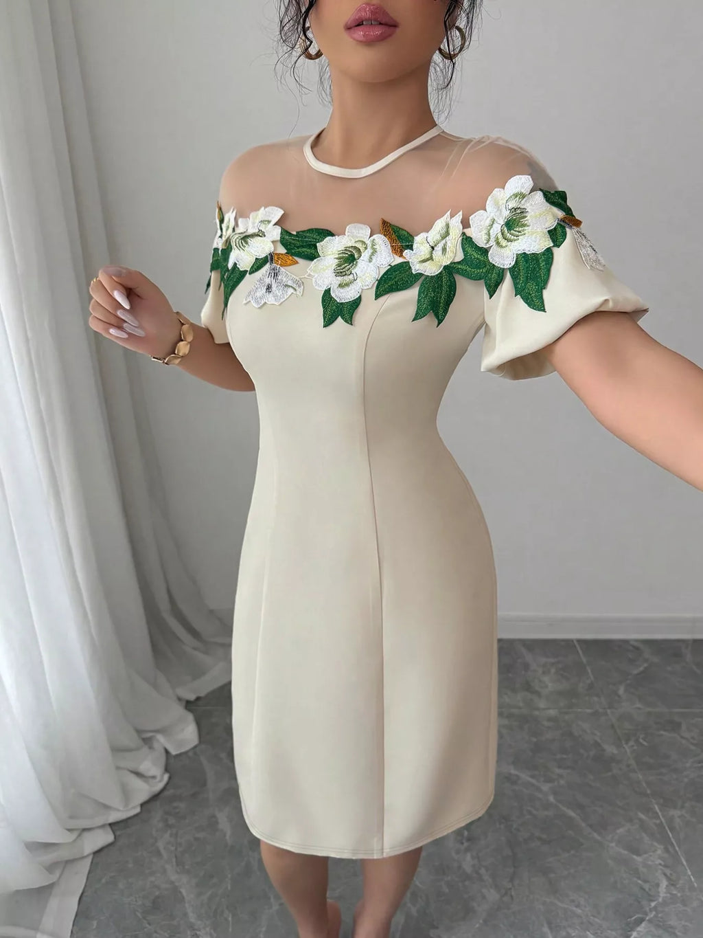 Floral Embroidered Puff Sleeve Dress with Mesh Shoulder – KRIS PHILLIP